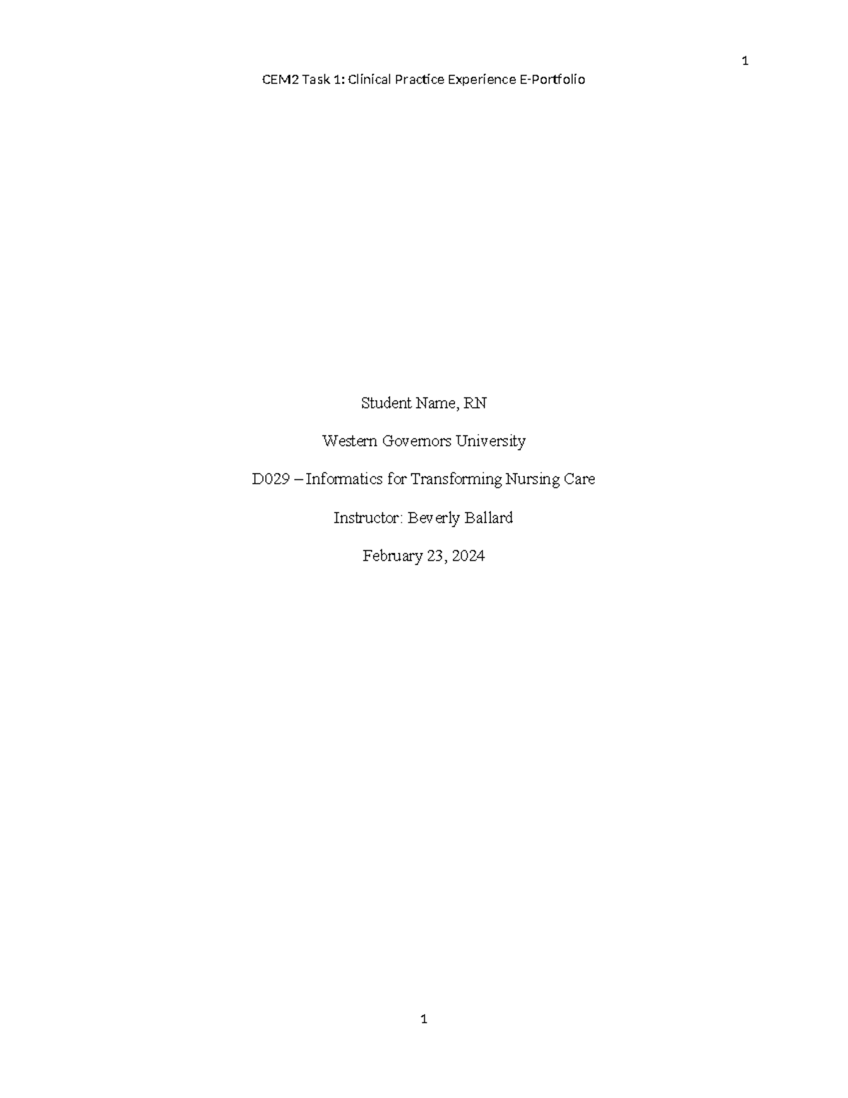 D029 - CEM2 Task 1 E-Portfolio: Clinical Practice Experience Analysis - Studocu