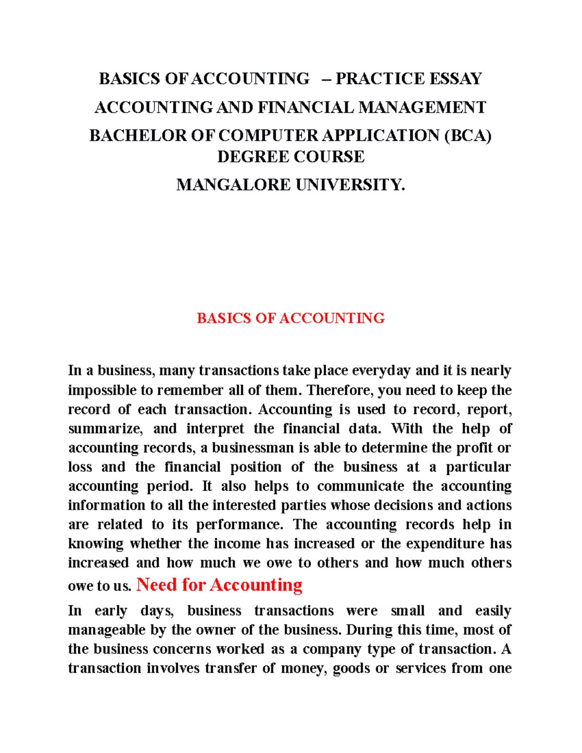 BCA Basics of Accounting - Practice Essay and Key Concepts - Studocu