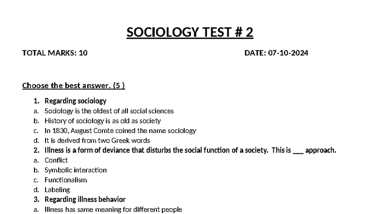 Sociology Test 2 (SOC101) - Key Concepts & Questions - Studocu