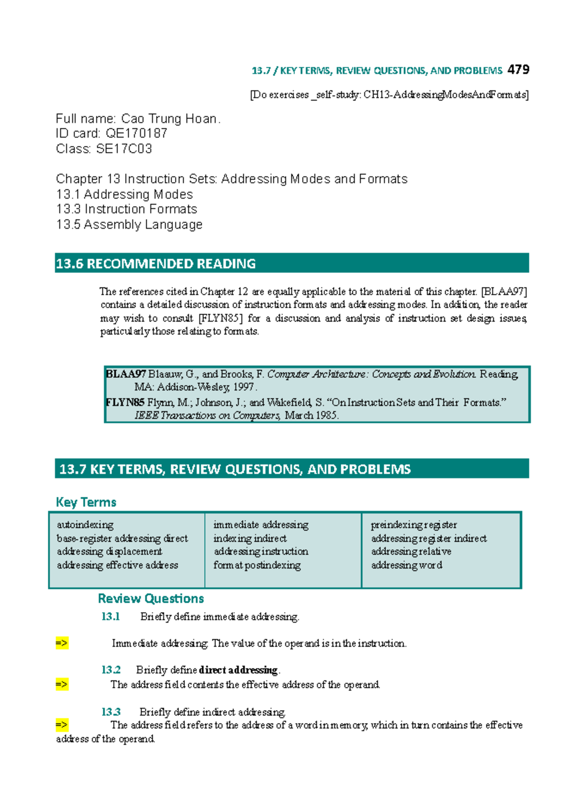 Chapter 13 - Review Question - Problem - Instruction Sets- addresing modes and Formats-ok - 13 ...