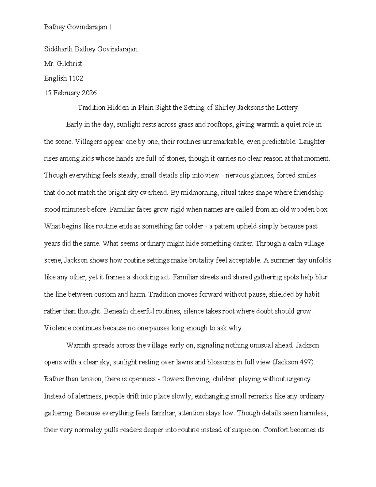 English 1102 Literary Analysis: Tradition in Shirley Jackson's "The ...