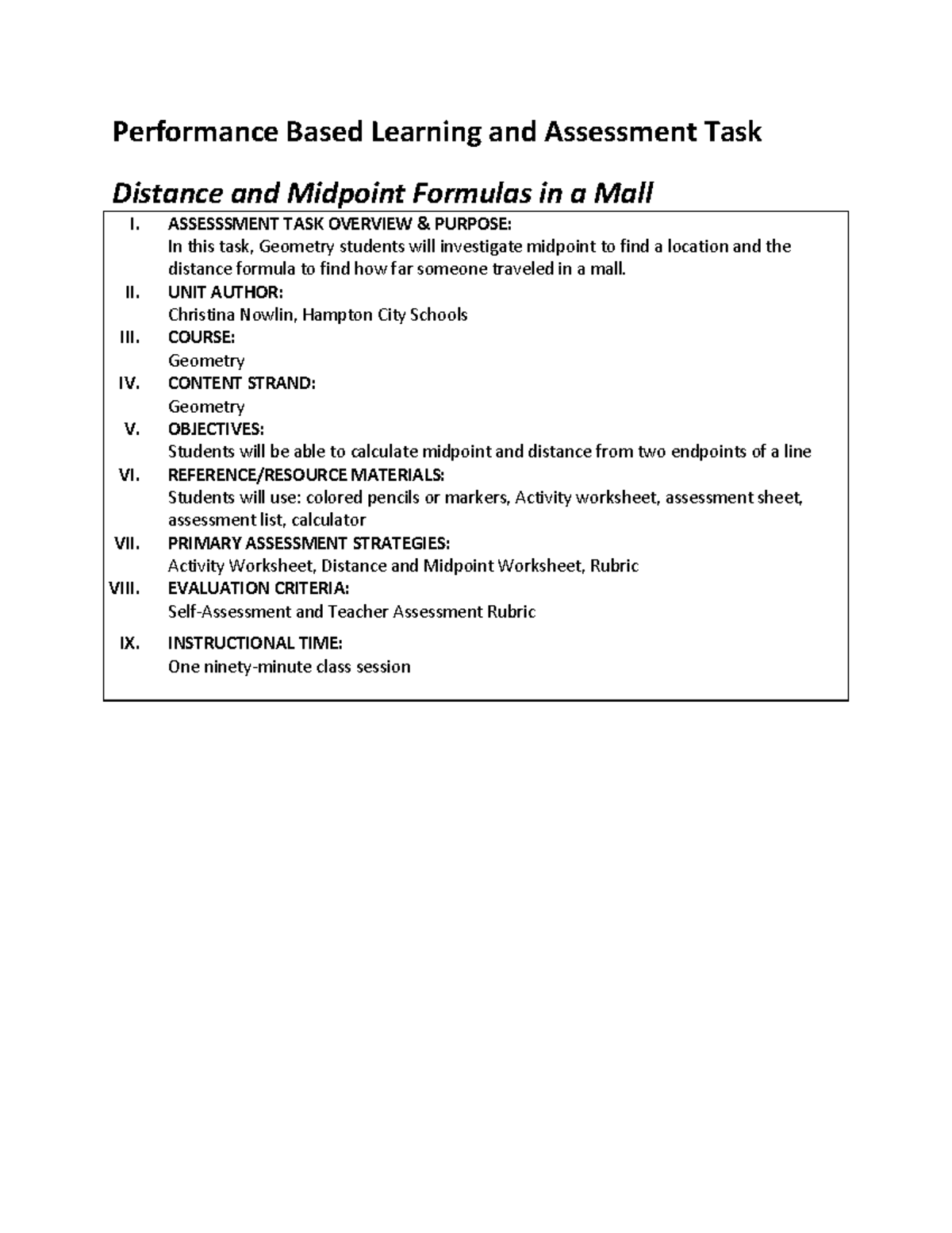 Nowlin - Geometry Distance & Midpoint Assessment Task - Studocu
