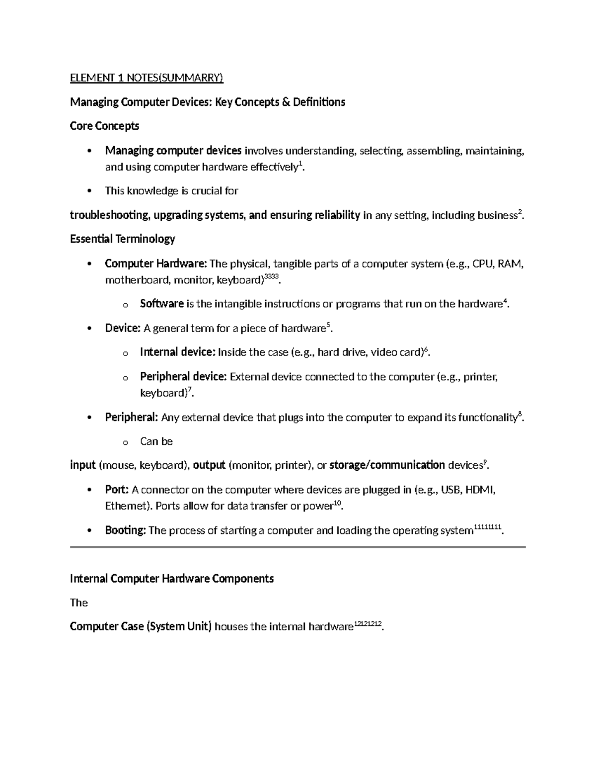 Element 1 Notes: Managing Computer Devices - Key Concepts & Definitions ...