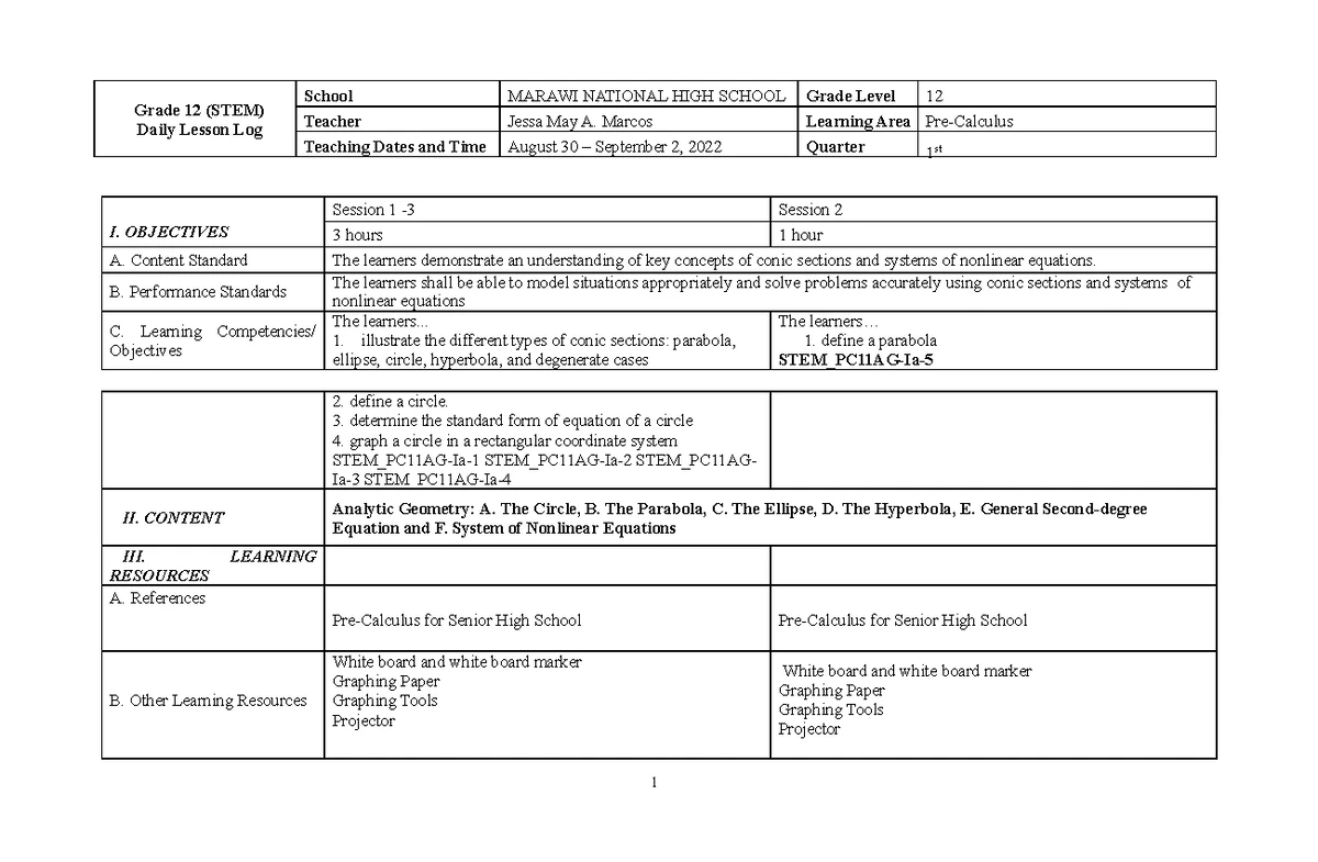 Pre CAL DLL week1 - DLL for Senior High - 1 Grade 12 (STEM) Daily ...