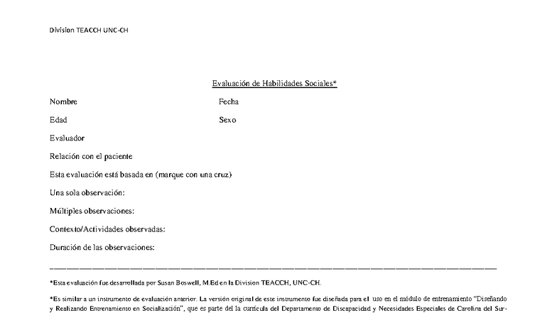Evaluación de Habilidades Sociales - Division TEACCH por Boswell - Studocu