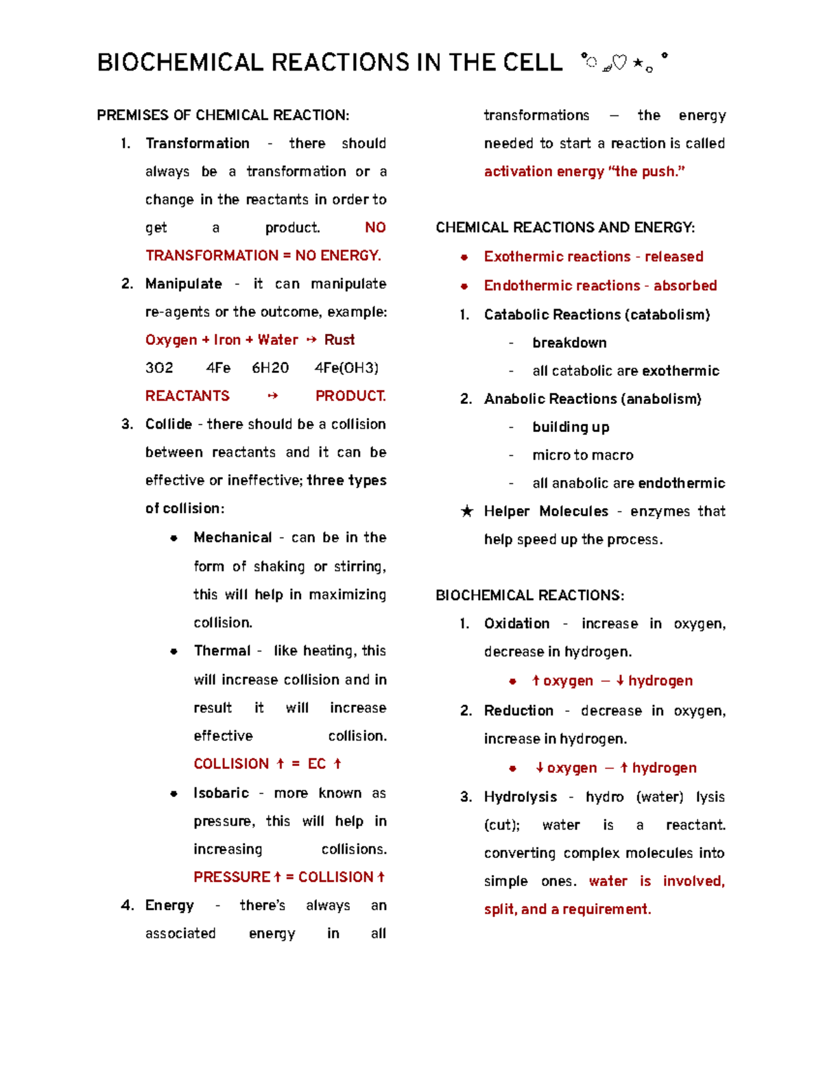 BIOCHEM 101: Biochemical Reactions and Energy Transformations - Studocu