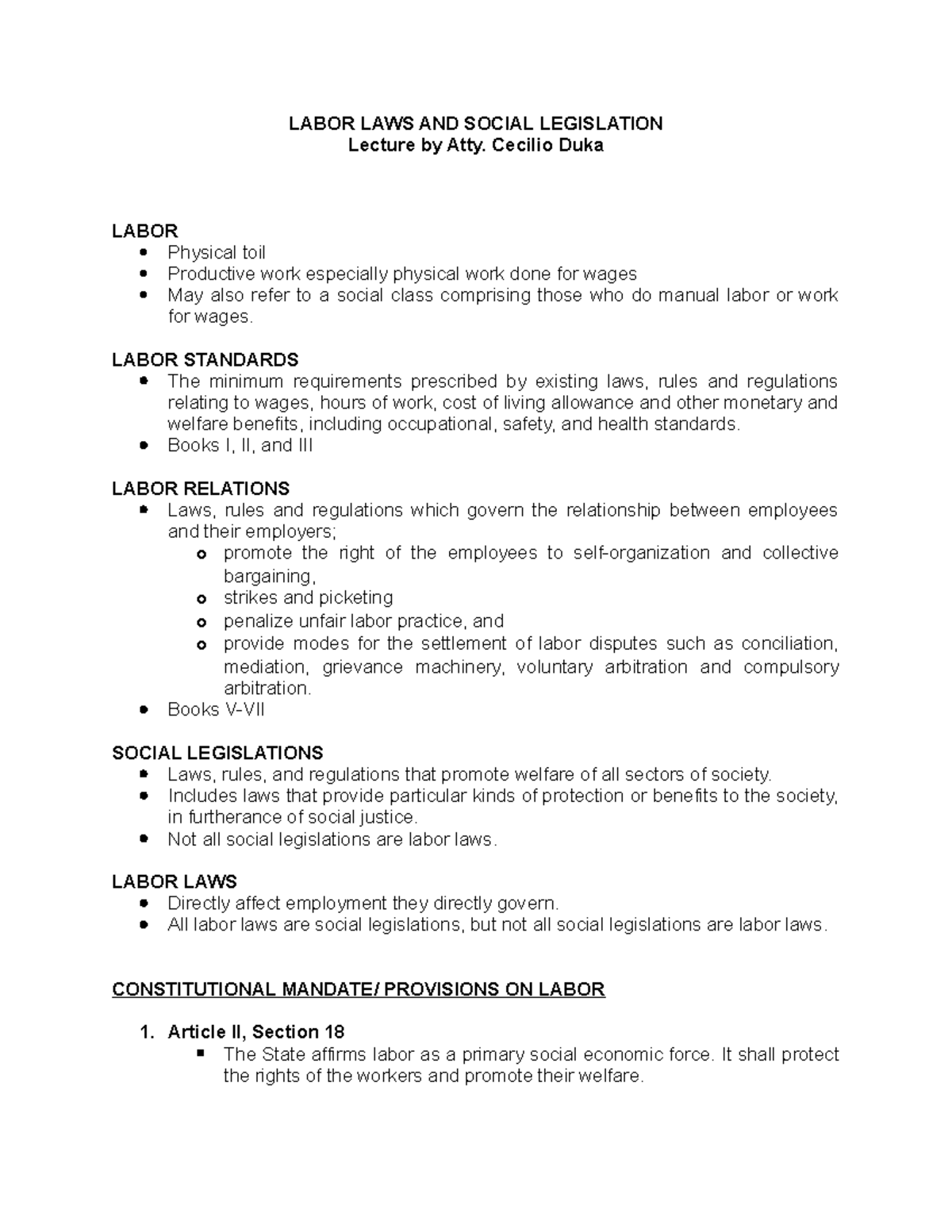 LABOR 101: Lecture on Labor Laws & Social Legislation - Studocu