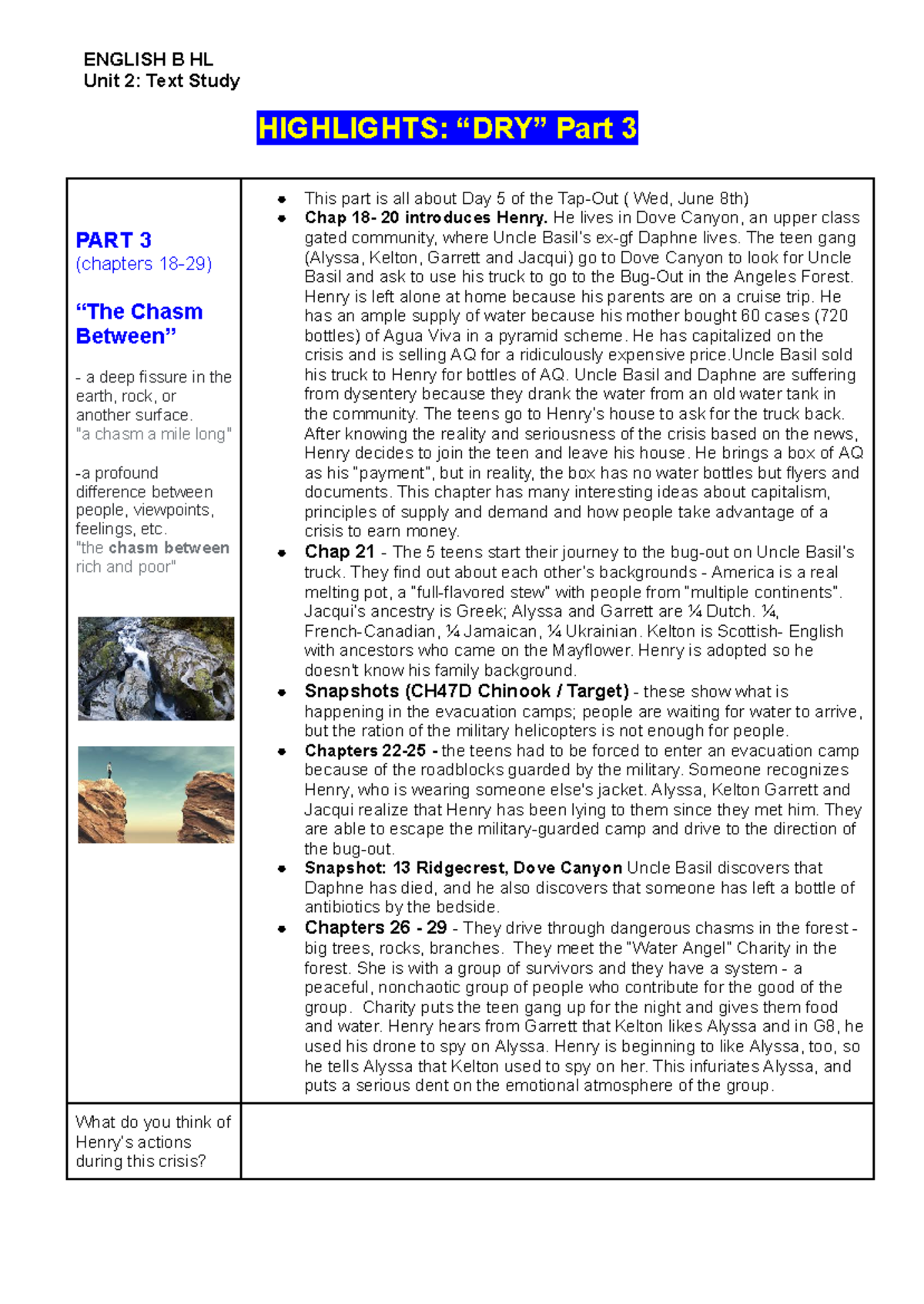 DRY Part 3 - dry - ENGLISH B HL Unit 2: Text Study HIGHLIGHTS: “DRY ...