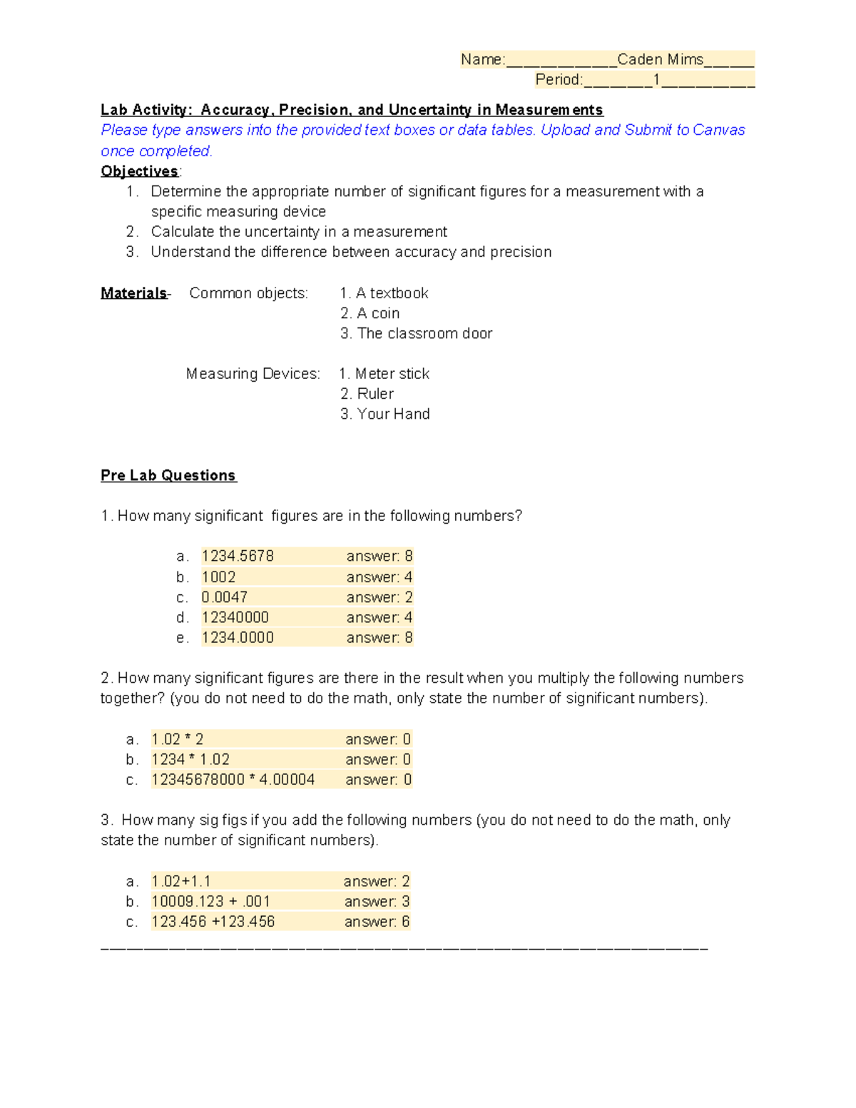 Lab Activity: Accuracy, Precision, and Uncertainty in Measurements ...