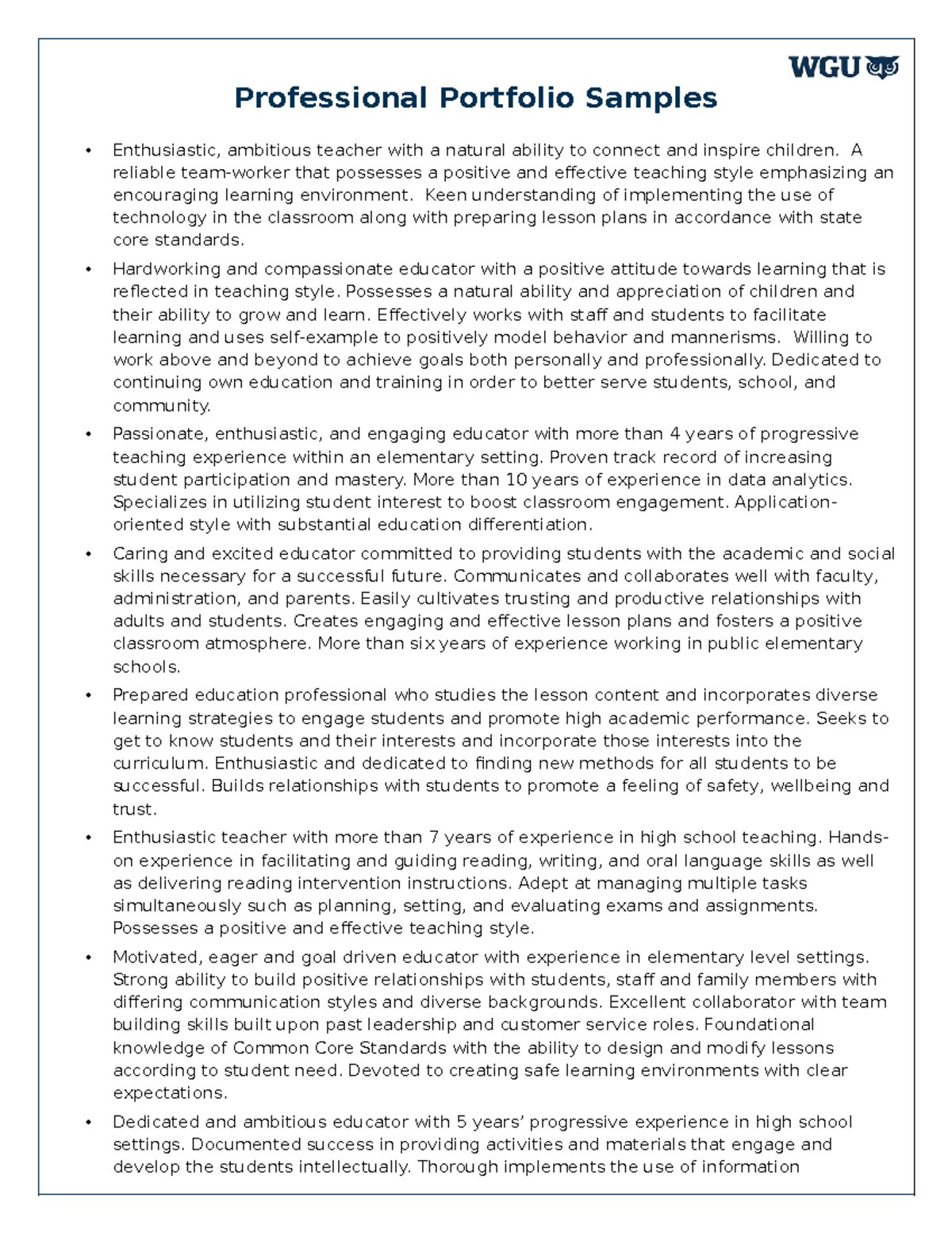EDU 101: Exemplary Professional Portfolio Samples for Educators - Studocu