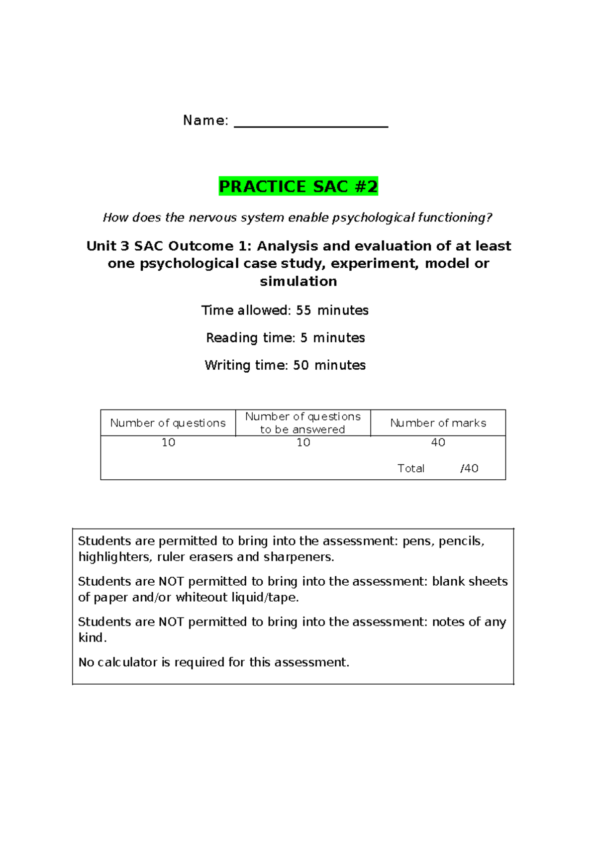 U3 AOS 1 Practice SAC: Nervous System & Psychological Functioning ...