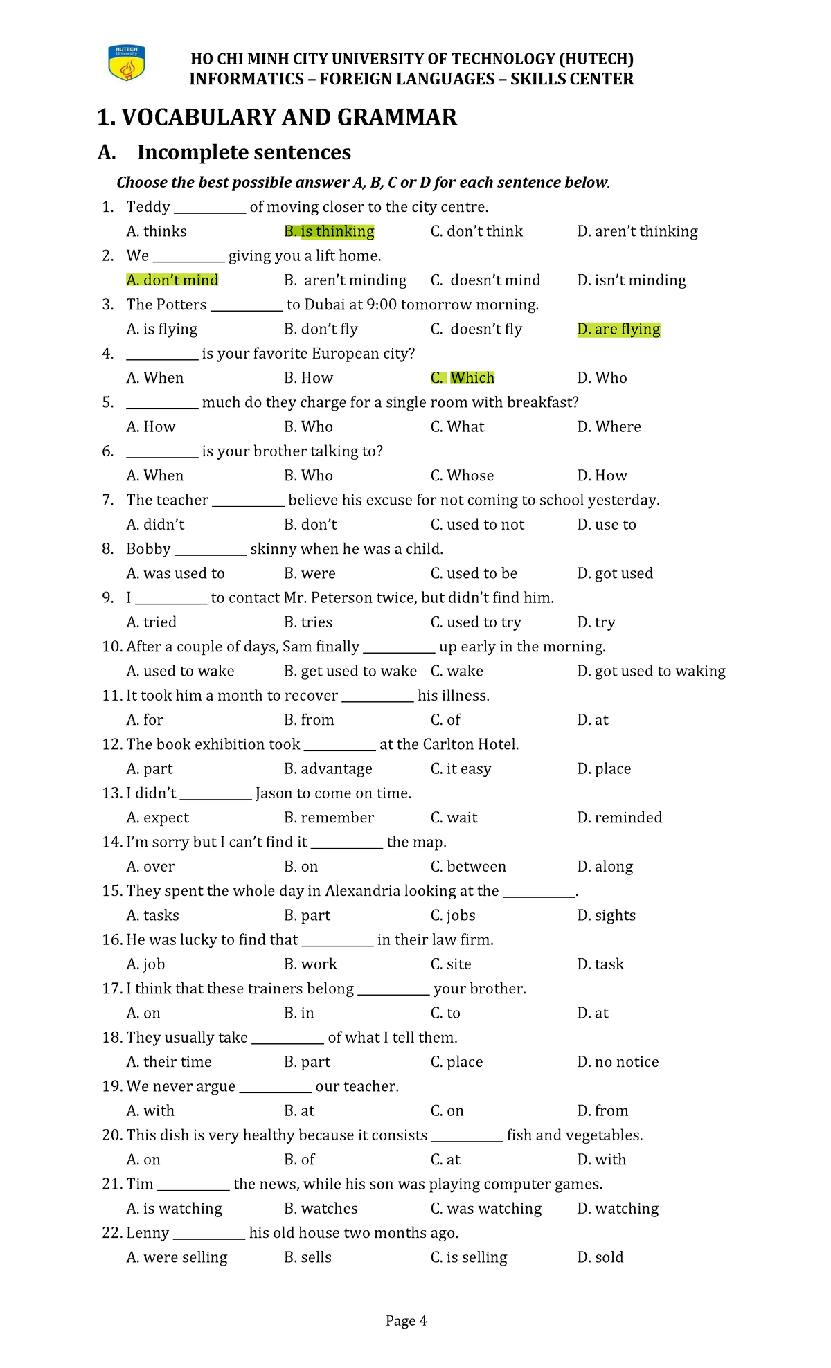 **Informatics Foreign Languages Skills Center - Grammar & Vocabulary Exercises** - Studocu