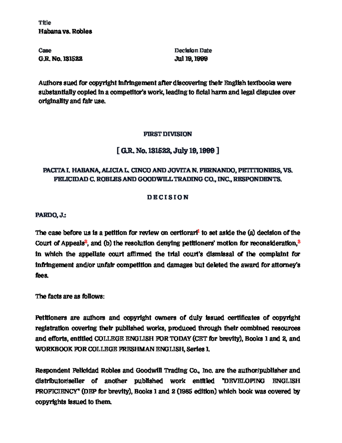 Habana vs. Robles Case G.R. No. 131522: Copyright Infringement Analysis ...