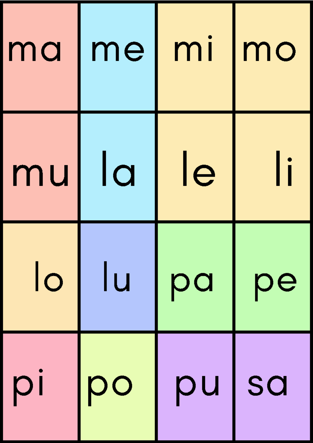 Lotería a Base de Maíz Ilustrada Colorida a4 - ma me mi mo mu la le li ...