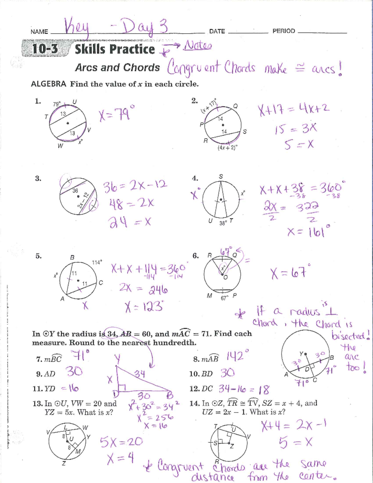 Geometry X Notes Day 3 Chords - NAME Key Day 3 DATE PERIOD Skills ...