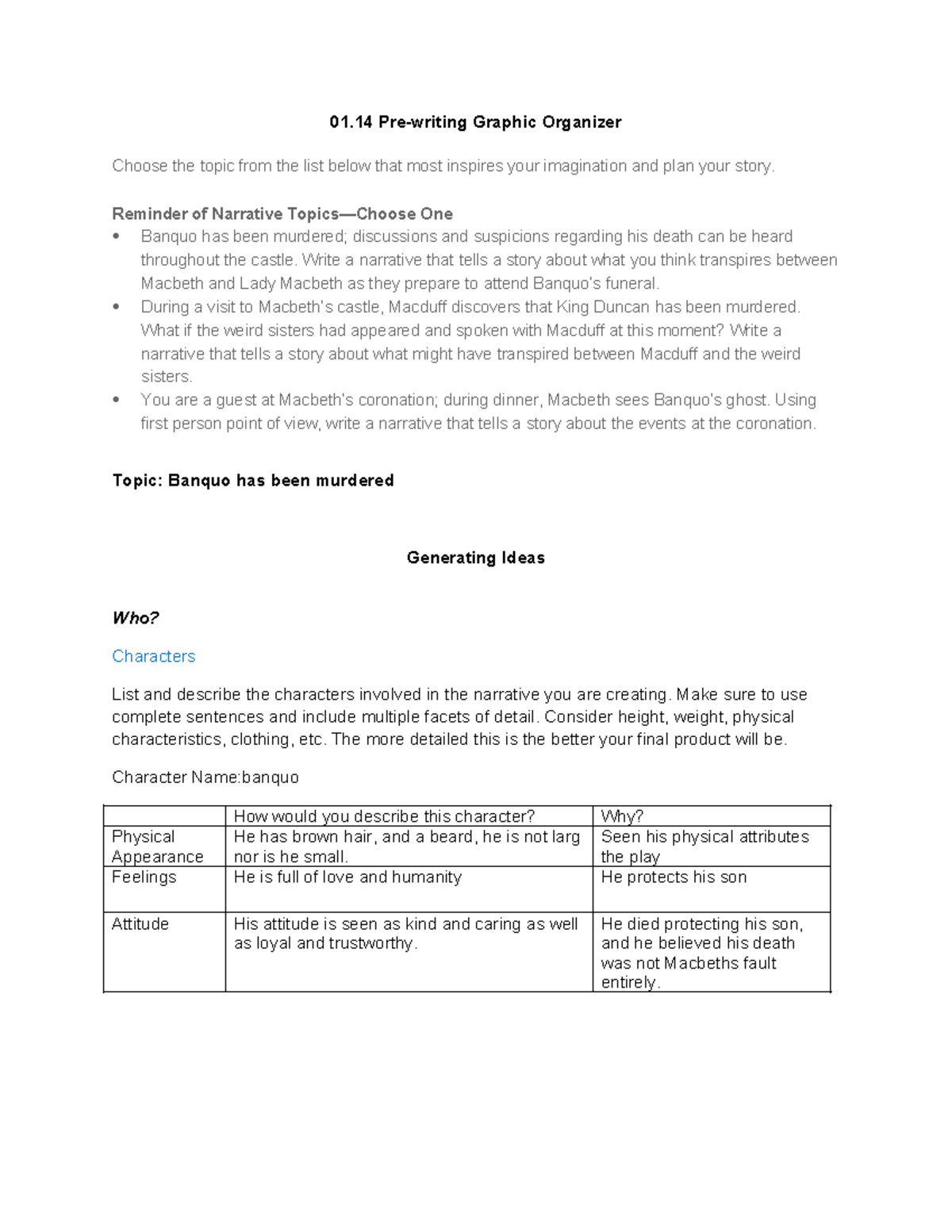 Pre-Writing Graphic Organizer for Macbeth Narrative Analysis - Studocu