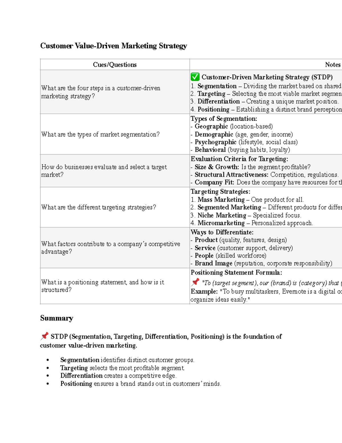 CLASS NOTES CHAPTER 6 - Customer Value-Driven Marketing Strategy ...