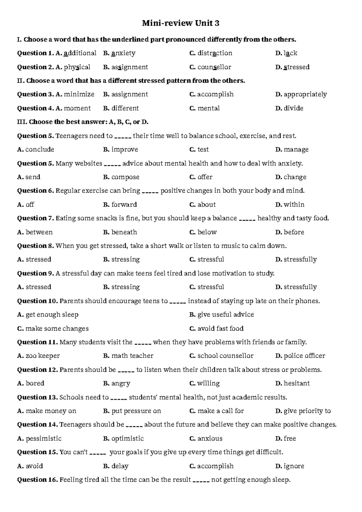 Mini Review Unit 3: Pronunciation & Stress Patterns - Grade 9 - Studocu