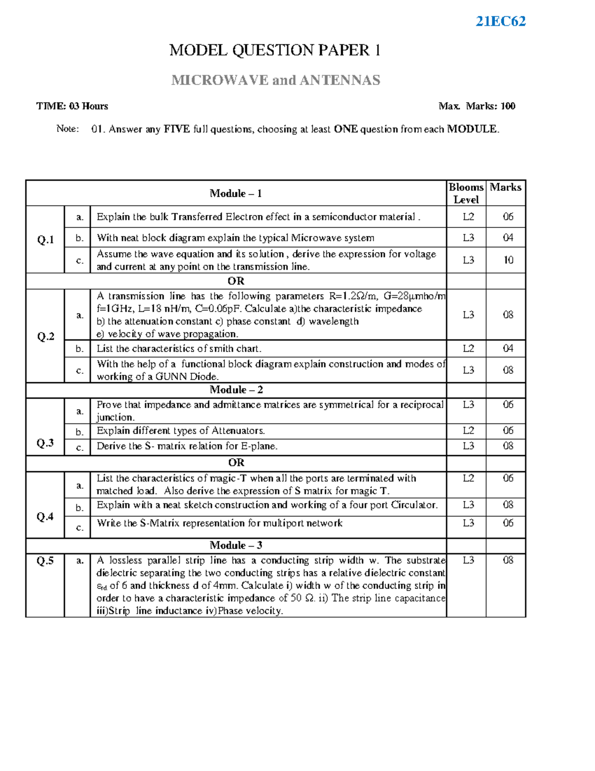 21EC62 MODEL QUESTION PAPER 1 & 2: MICROWAVE & ANTENNAS - Studocu