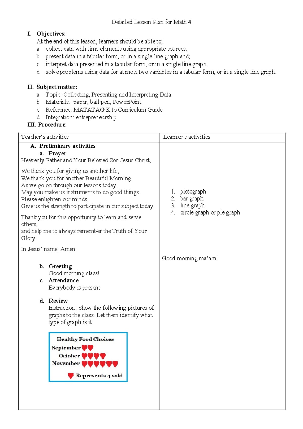 Detailed Lesson Plan for Math 4: Data Collection & Interpretation - Studocu