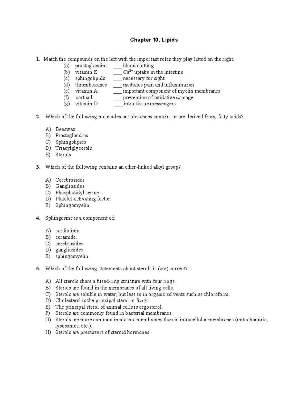 Biochem 101: Chapter 10 Lipids Practice Questions and Answers - Studocu