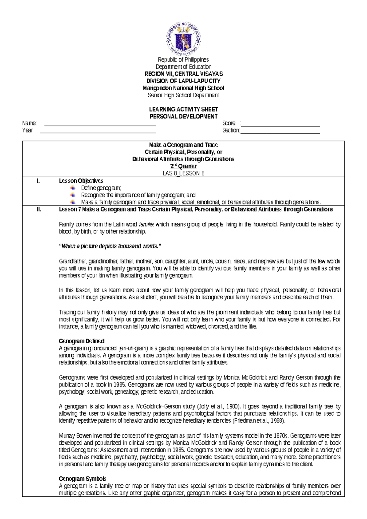 LAS 8: Genogram Creation & Family Attributes - 2nd Quarter Notes - Studocu