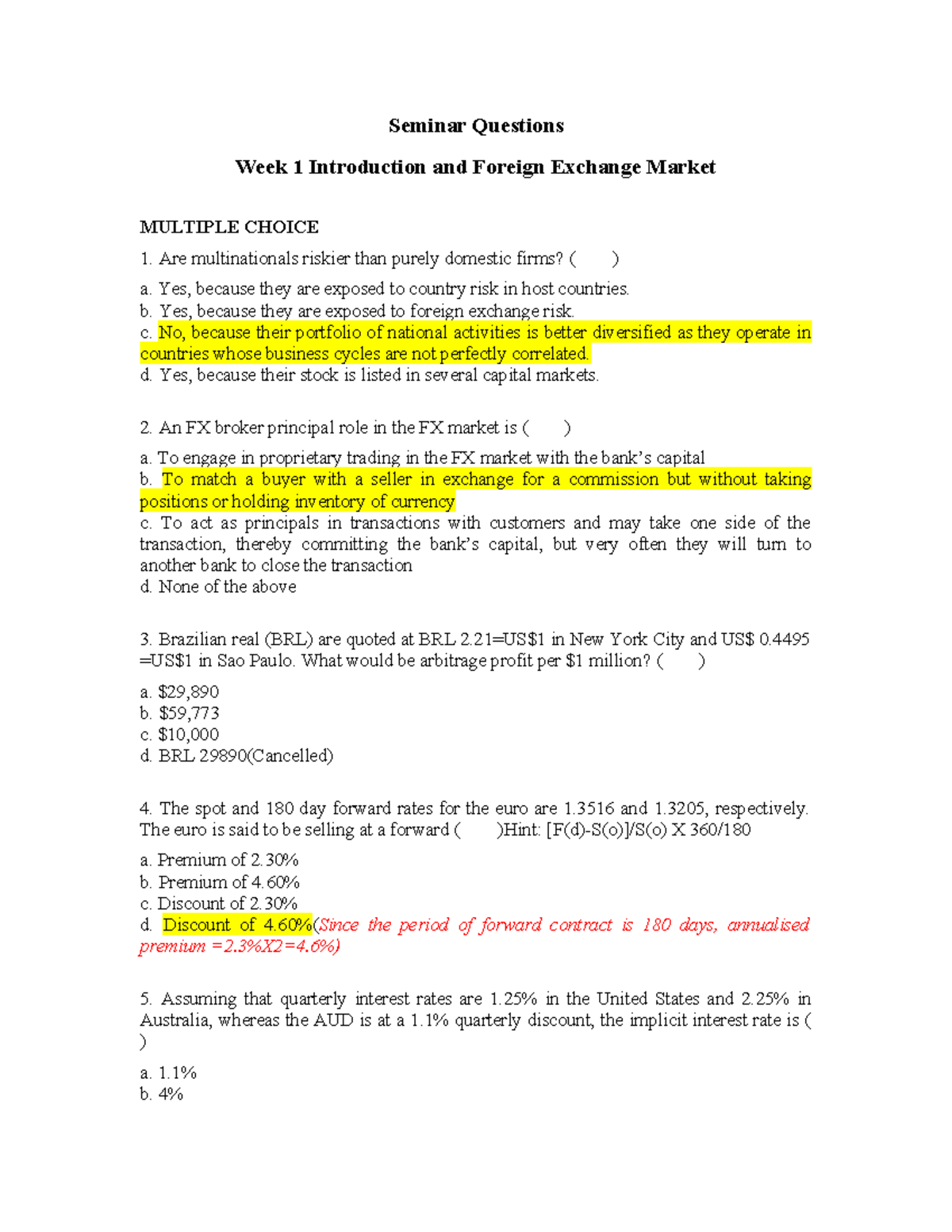 FIN 301 Week 1 Seminar Questions on Foreign Exchange Market - Studocu