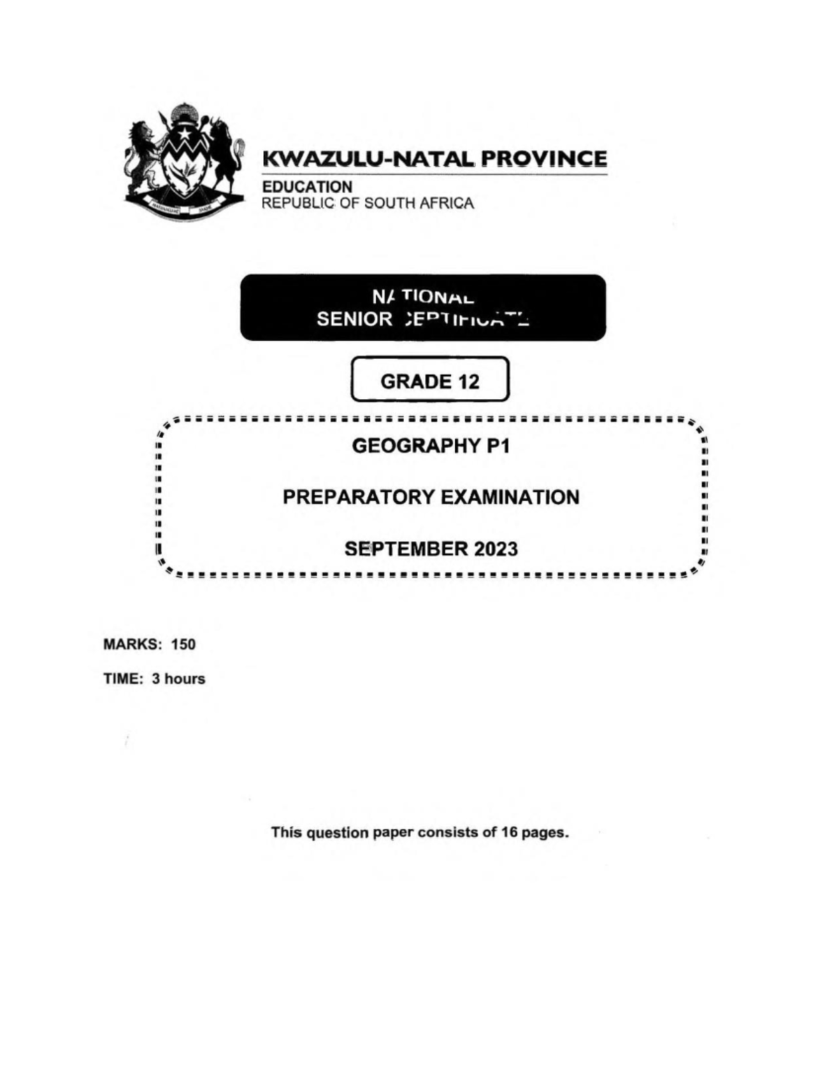 2023 KZN Geography NSC P1 Preparatory Exam Question Paper - Studocu