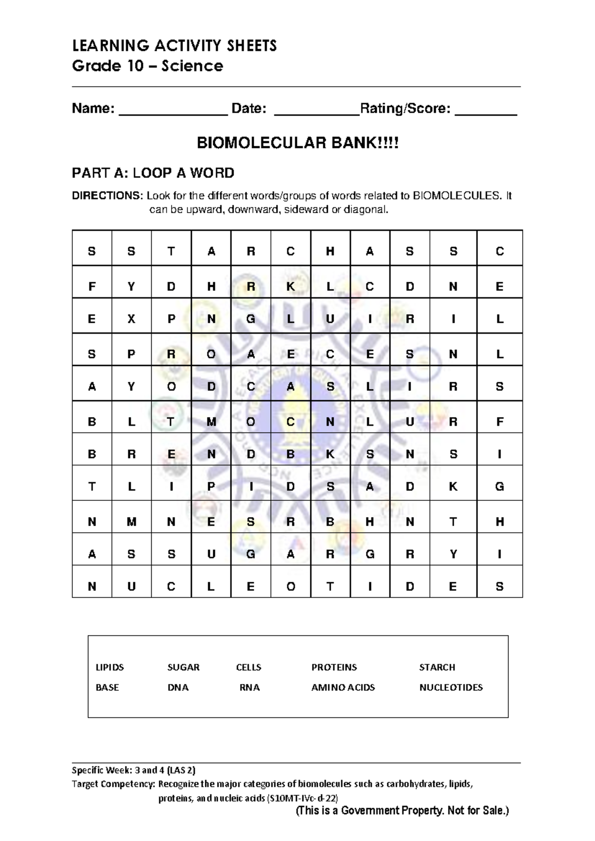 Grade 10 Science Q4 LAS 2: Exploring Biomolecules and Their Functions ...