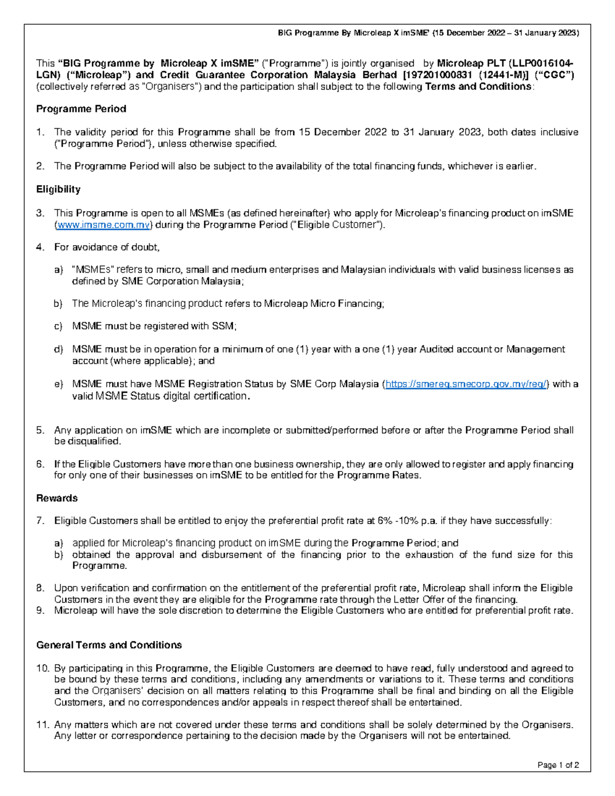 BIG Programme by Microleap X imSME: Final Legal Version (v1.1) - Studocu