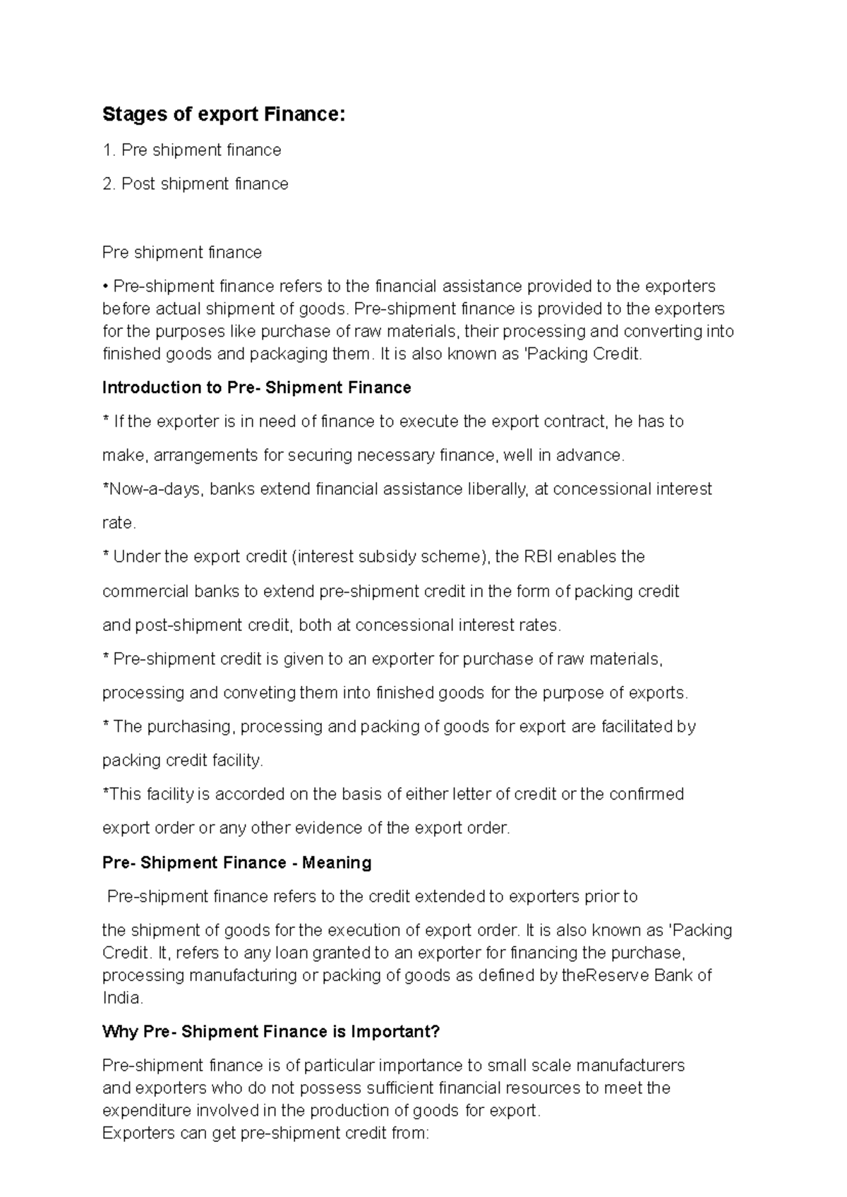 Stages of Export Finance: Pre and Post Shipment Overview - Studocu