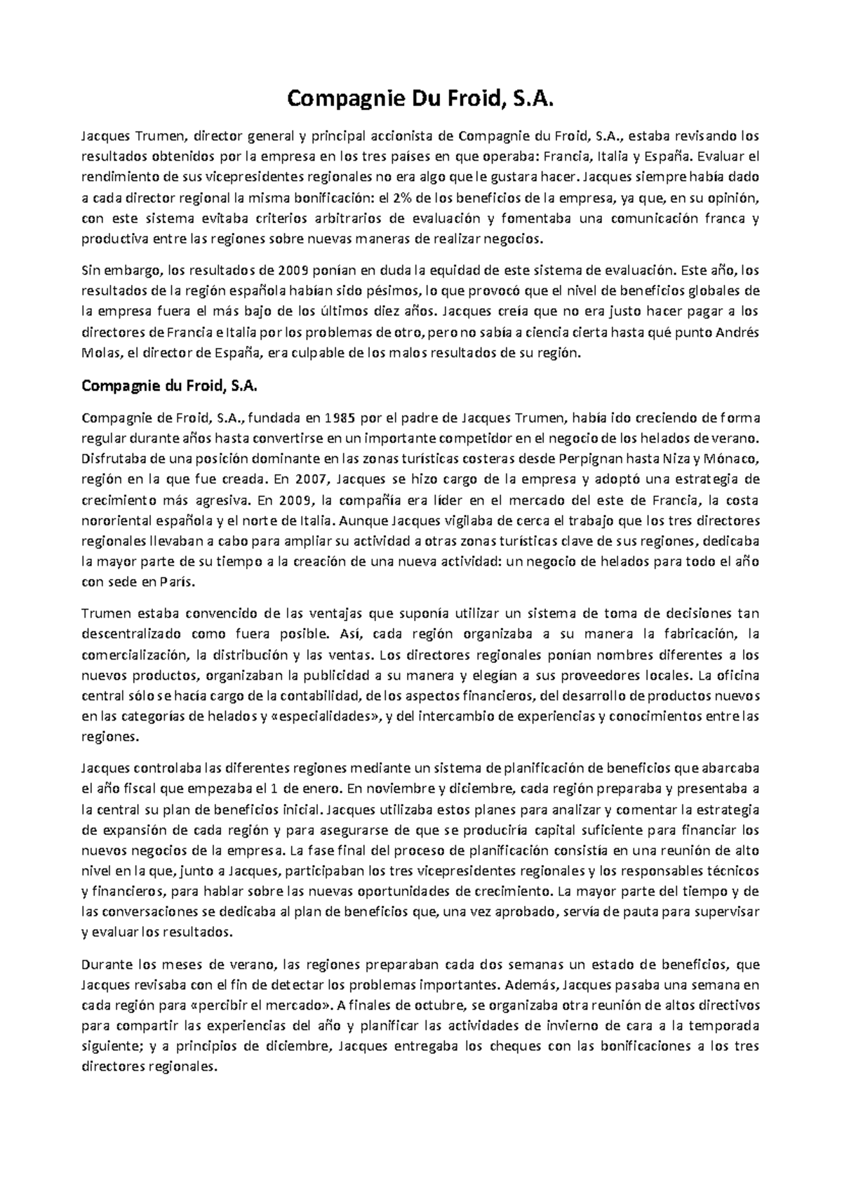 Caso Compagnie Du Froid, S.A.: Análisis de Desempeño en 2009 - Studocu