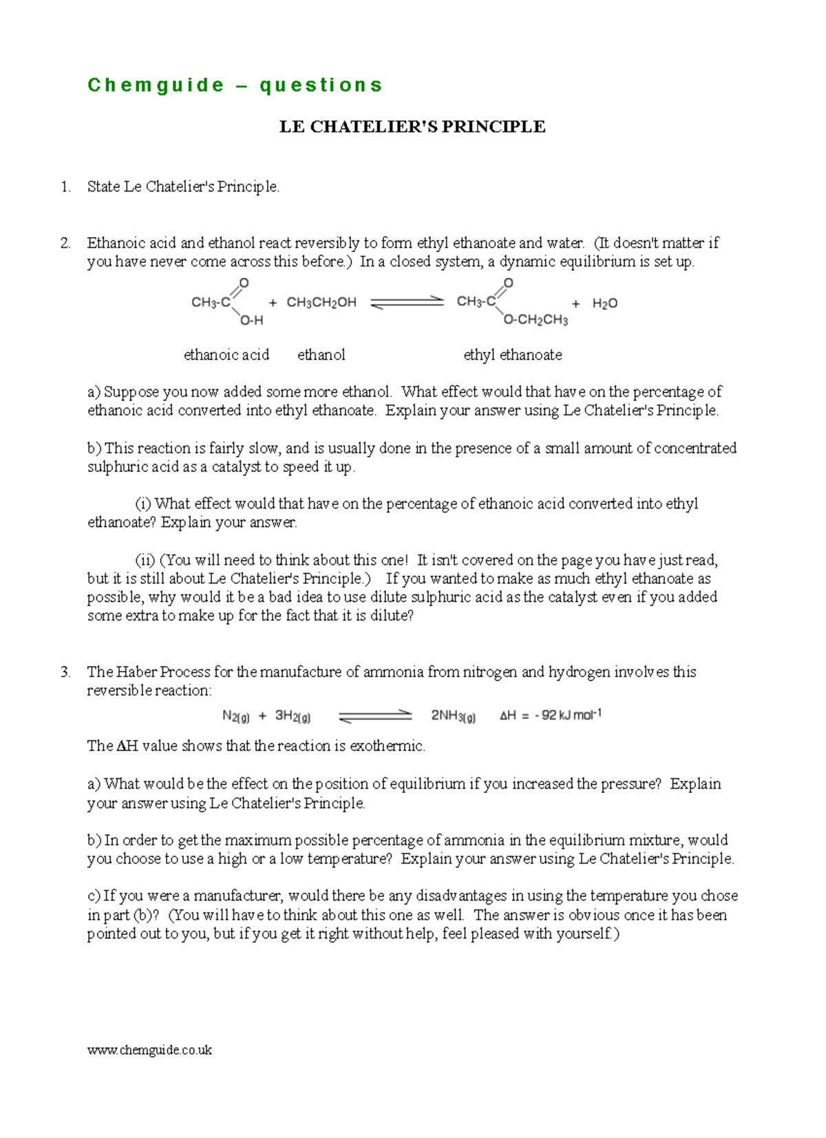 Worksheet - Le Chatelier Calculations Practice no1 - Chemguide ...