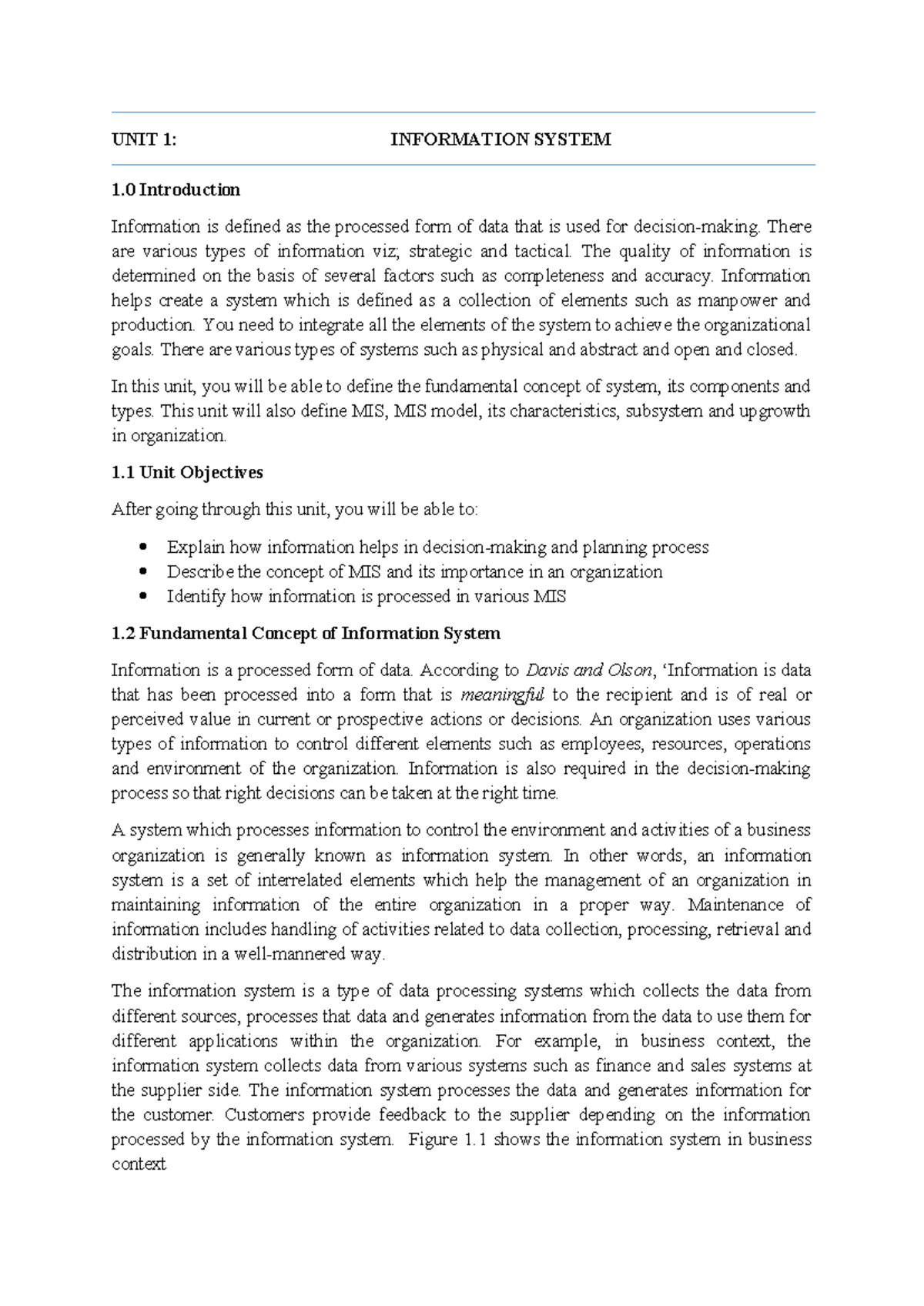 Management Information Course material - UNIT 1: INFORMATION SYSTEM 1 Introduction Information ...