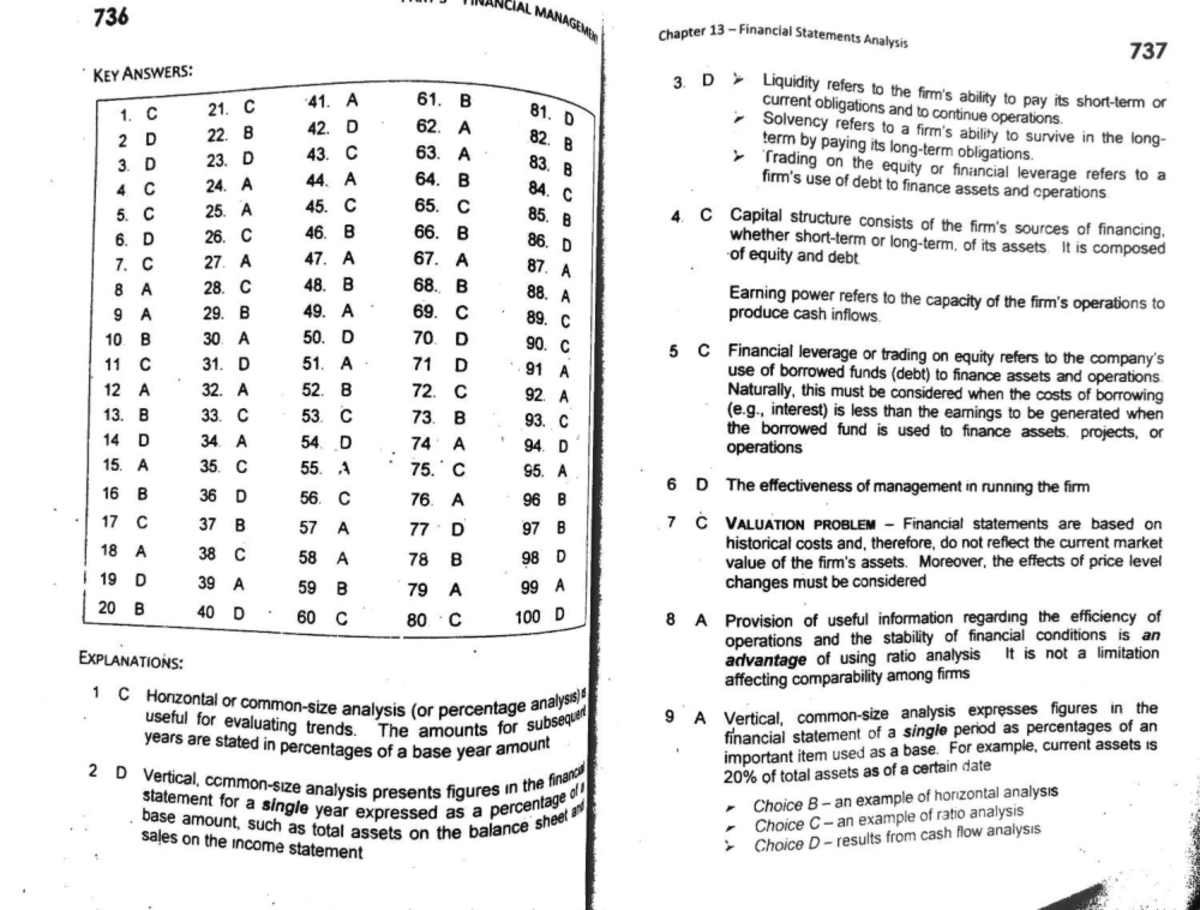 736 MANAGEMENT Chapter 13 Financial Statements Analysis Key Answers and ...