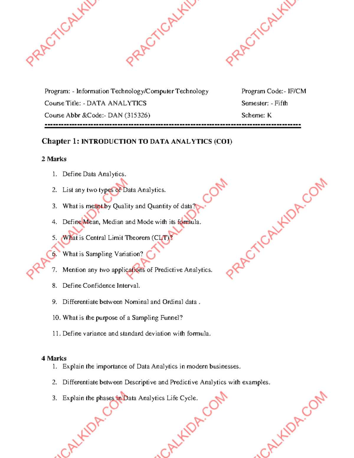 DAN 315326 Data Analytics Important Questions Bank - Studocu