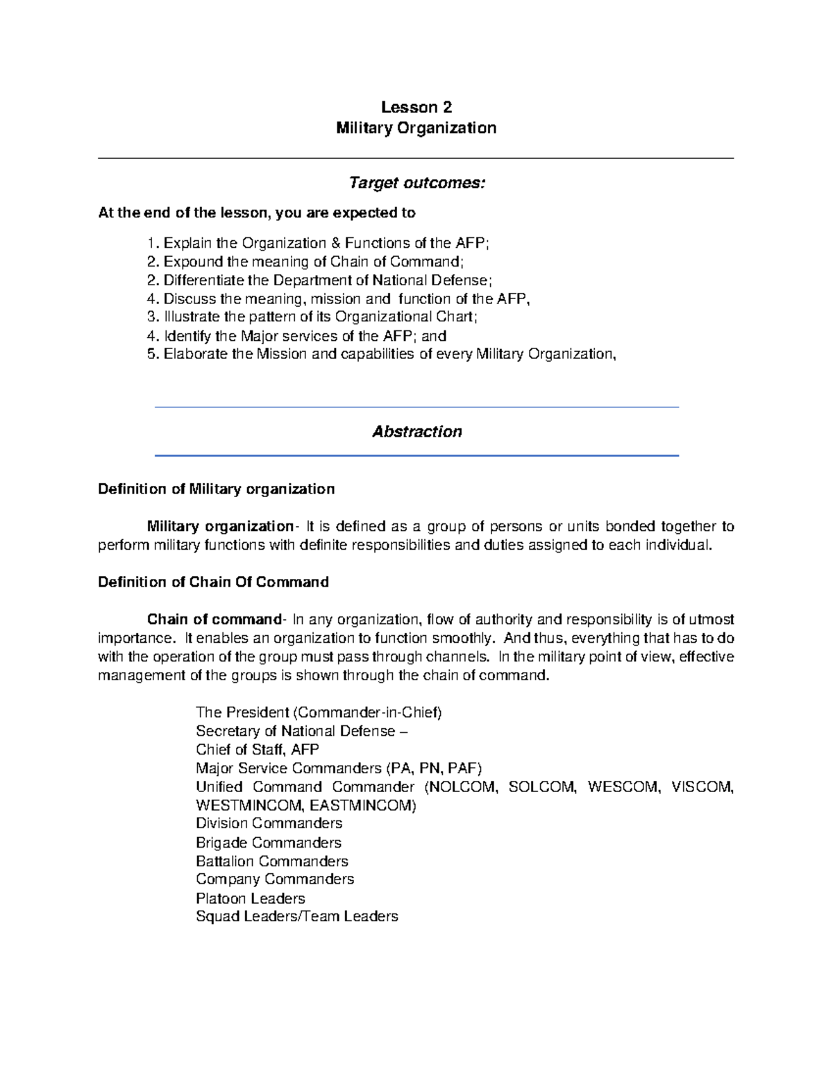 ROTC Lesson 2 - Military Organization - Lesson 2 Military Organization ...