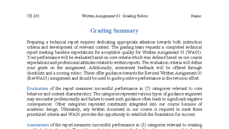 CE 205 Written Assignment 01: Grading Rubric & Evaluation Guide - Studocu