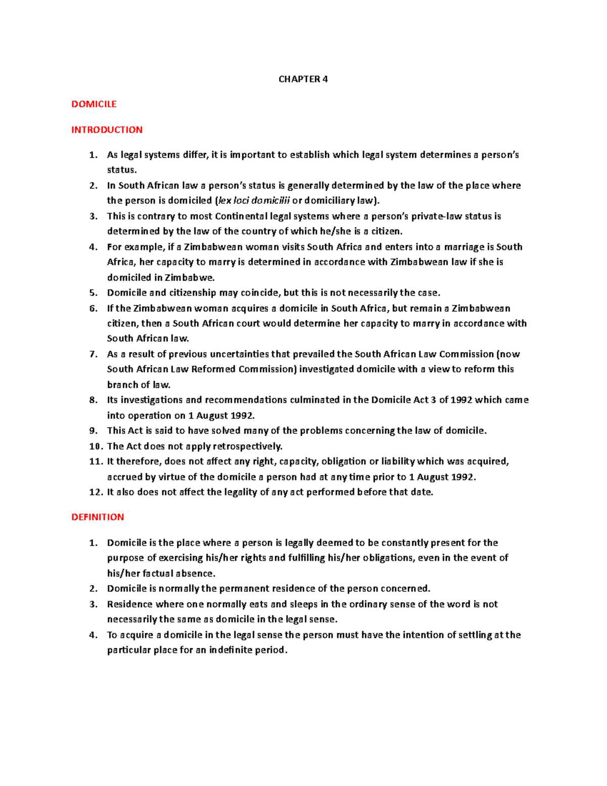 LAW OF Persons - Chapter 4 - CHAPTER 4 DOMICILE INTRODUCTION As legal ...