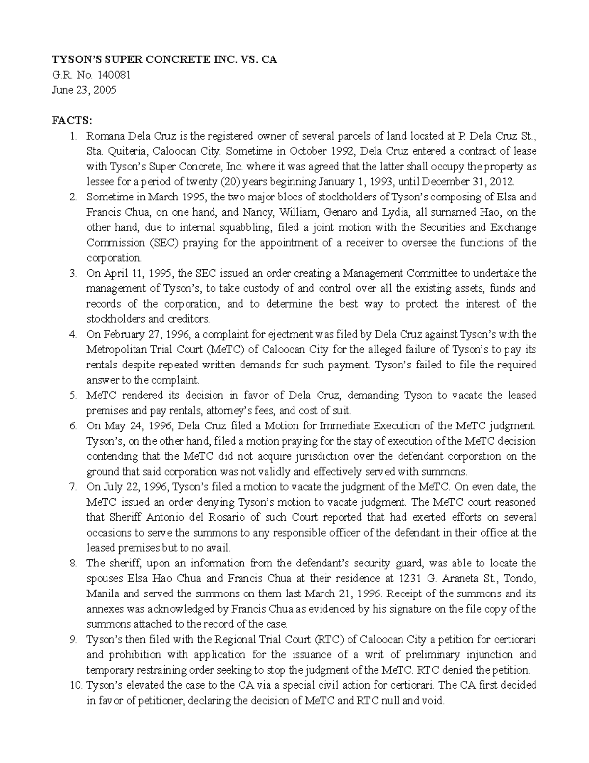 132 Tyson's Super Concrete Inc. vs. CA: Ejectment Case Analysis - Studocu