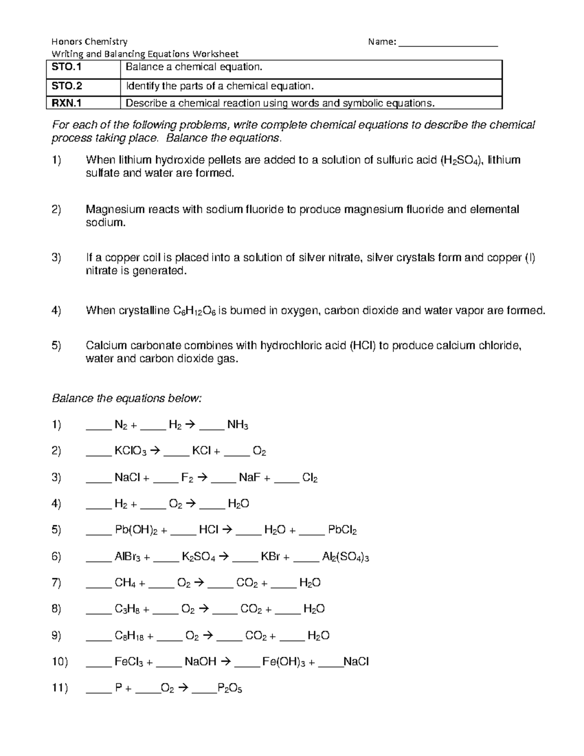Worksheet- Balancing Equations - Writing and Balancing Equations ...