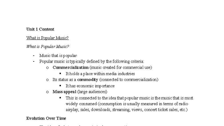 Unit 1 - Intro to Popular Music Studies: Definitions & Contexts - Studocu