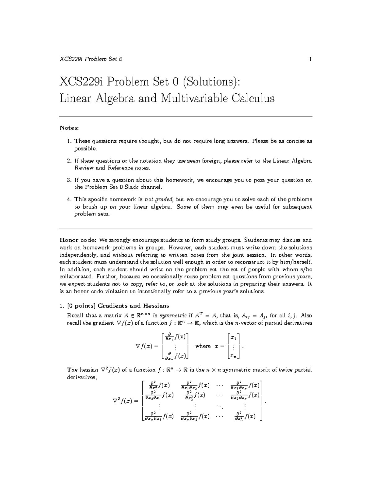 XCS229i Problem Set 0 Solutions: Linear Algebra & Multivariable ...