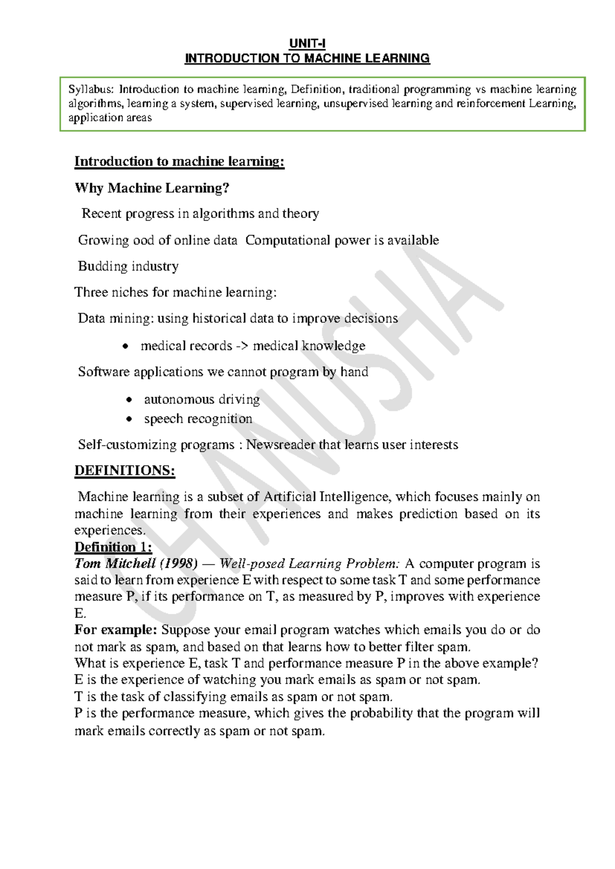 UNIT 1 - ML: Introduction, Definitions, and Learning Types - Studocu
