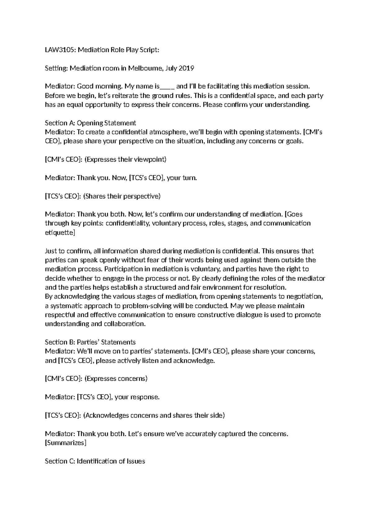 LAW3105 Mediation Role Play Script for ADR Practice Sessions - Studocu