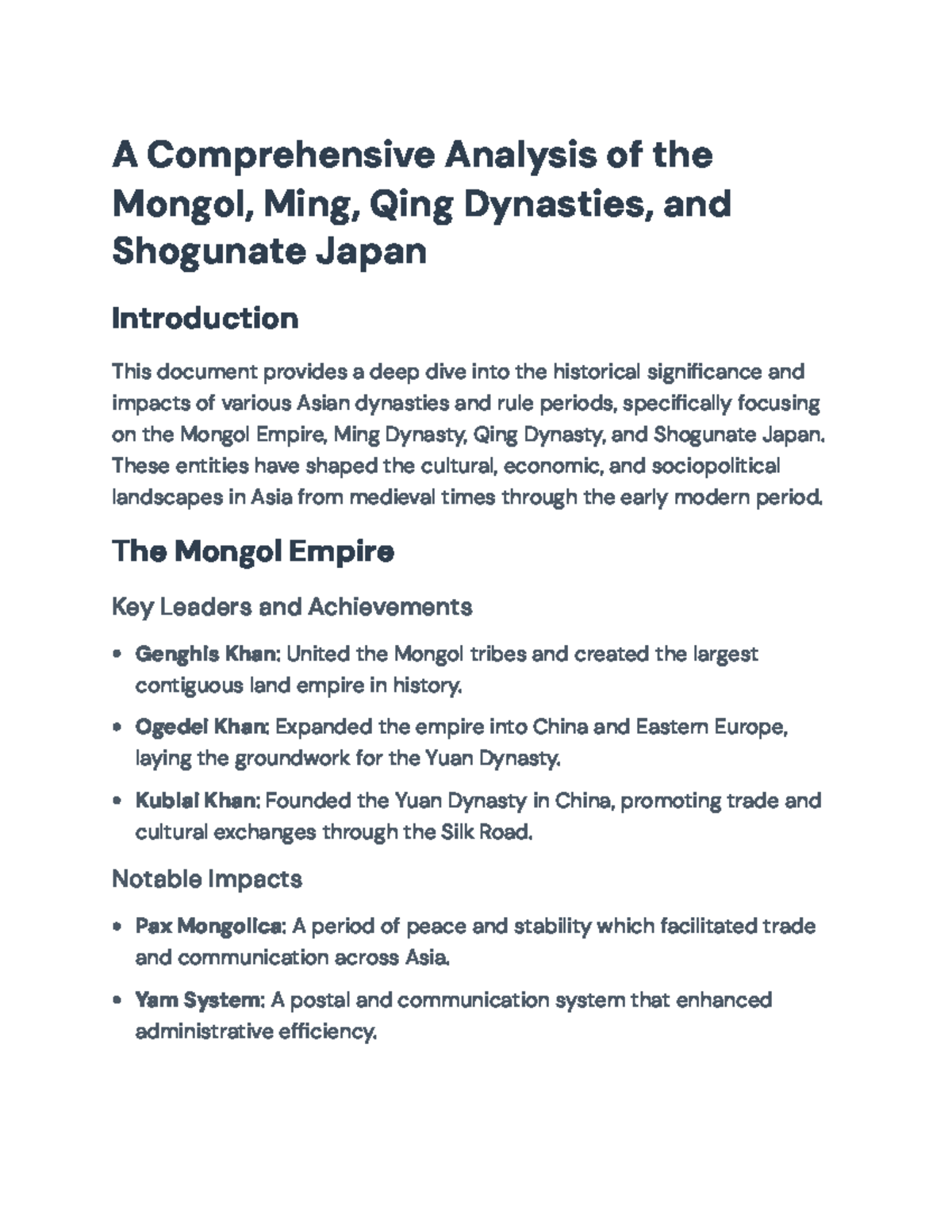 Analysis of the Mongol Empire, Ming & Qing Dynasties, and Shogunate ...
