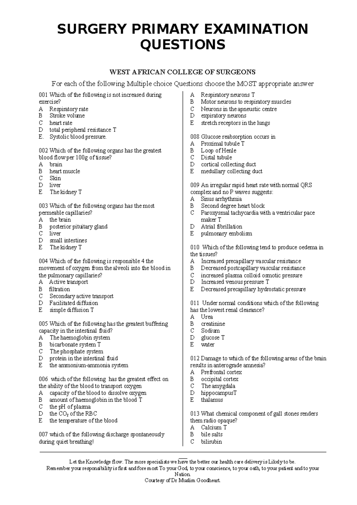Surgery Primary Examination Questions - West African College of ...