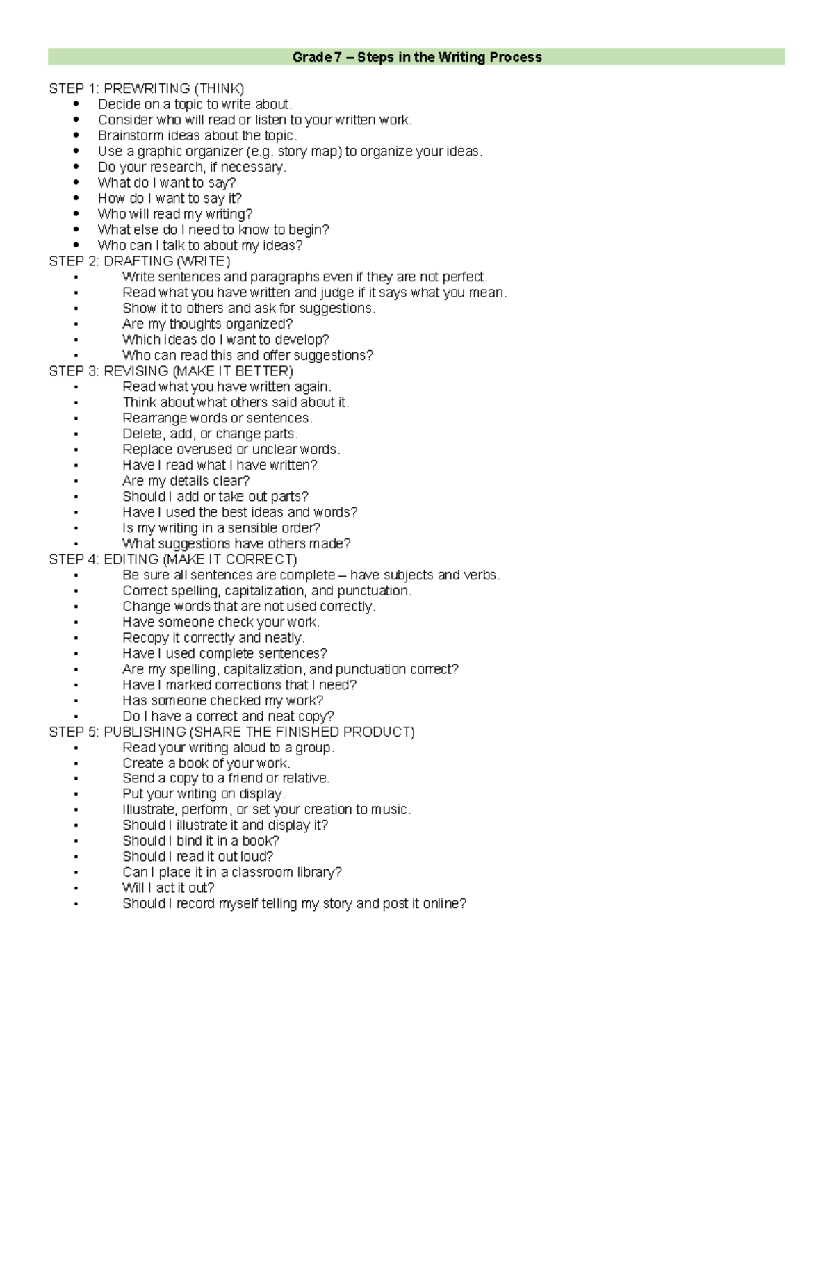 English 7 Writing Process Lessons Summarized: Steps 1-5 - Studocu
