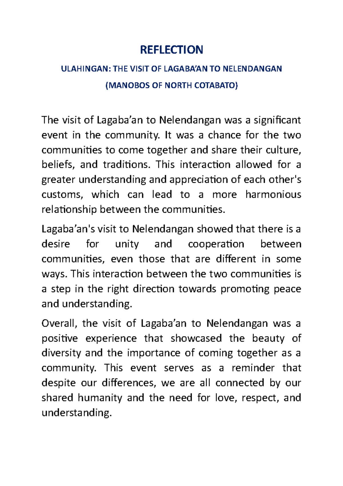 Reflection Ulahingan THE Visit OF Lagaba'AN TO Nelendangan - REFLECTION ...