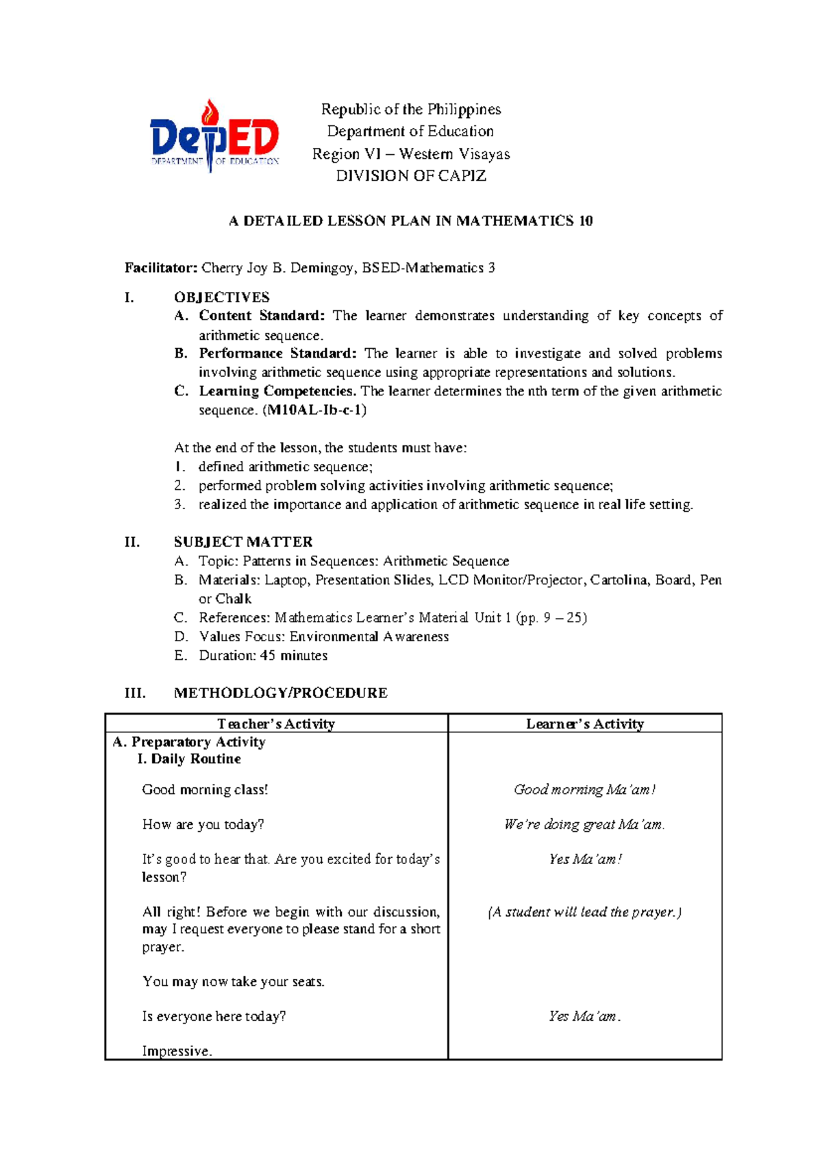 Detailed Lesson Plan in Mathematics 10 - Republic of the Philippines ...